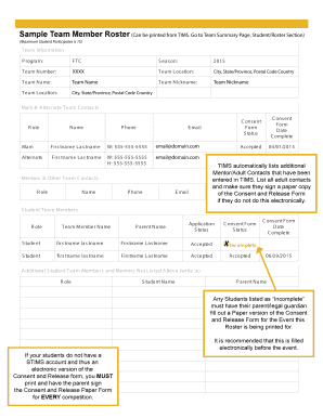 Fillable Online Sample Team Roster - FIRST Fax Email Print - pdfFiller