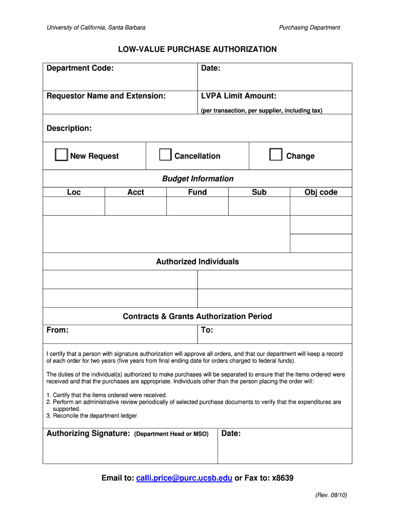 Fillable Online Low Value Purchase Authorization form Fax Email Print - pdfFiller