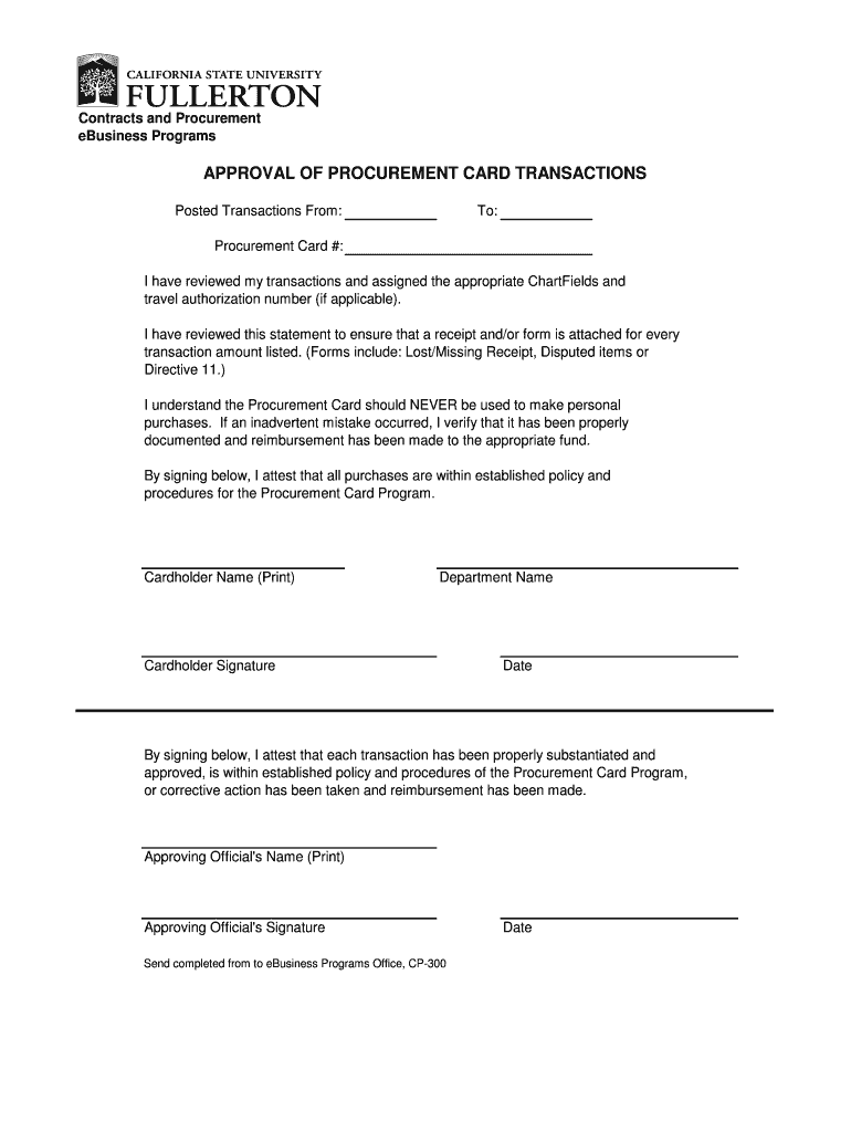 Fillable Online finance fullerton APPROVAL OF PROCUREMENT CARD ...