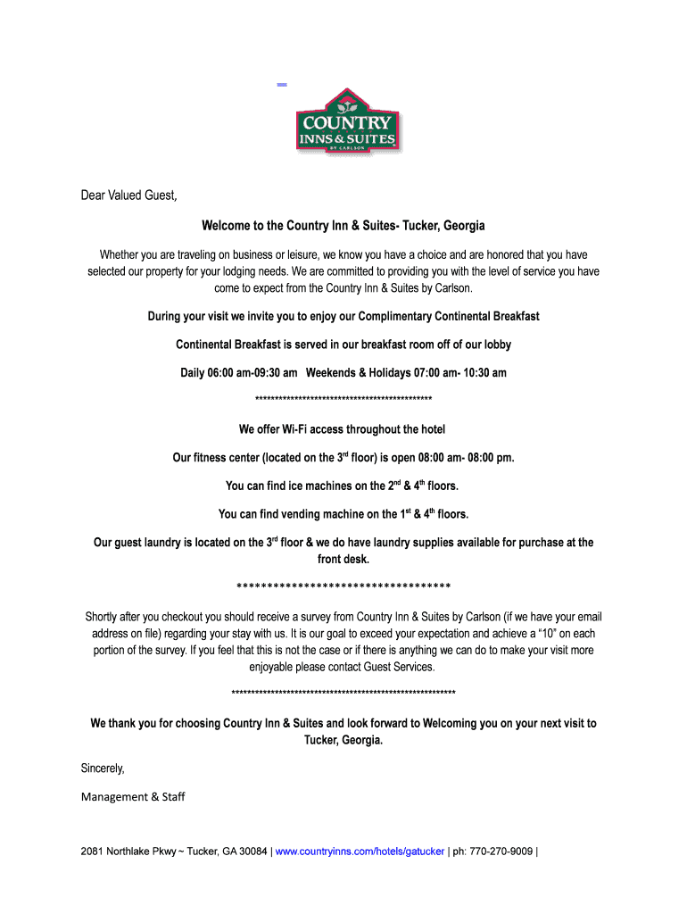 Fillable Online Dear Valued Guest, Welcome to the Country Inn & Fax ...