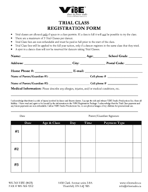 Fillable Online Trial Class Registration Form - vibestudioca Fax Email ...