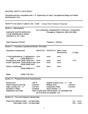 Fillable Online MATERIAL SAFETY DATA SHEET Computerized form Fax Email ...