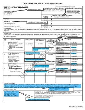 Fillable Online Tier II Contractors Sample Certificate of Insurance Fax ...