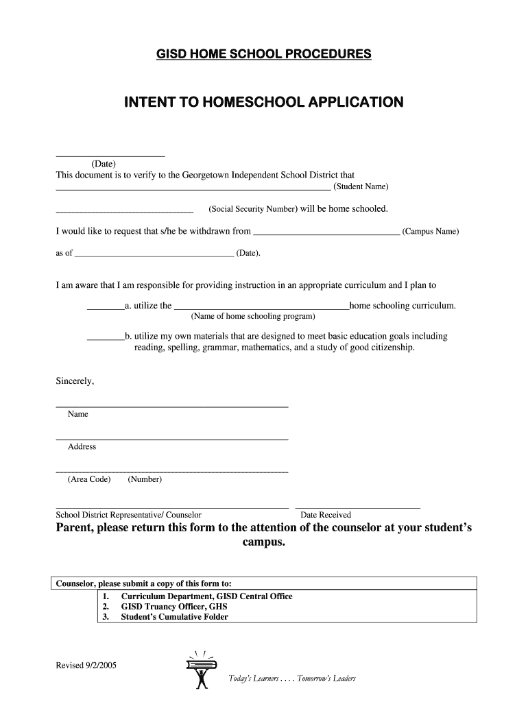 Fillable Online INTENT TO HOMESCHOOL bAPPLICATIONb Fax Email Print ...