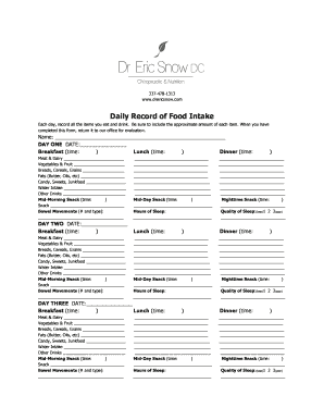 Fillable Online Daily Record of Food Intake - Dr Eric Snow Fax Email ...