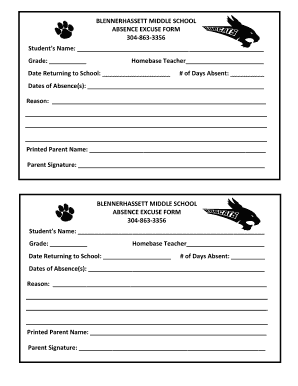 Fillable Online BLENNERHASSETT MIDDLE SCHOOL ABSENCE EXCUSE FORM Fax ...