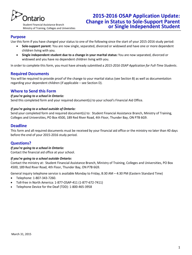 Fillable Online trentu 2015-2016 OSAP Application Update Change in ...