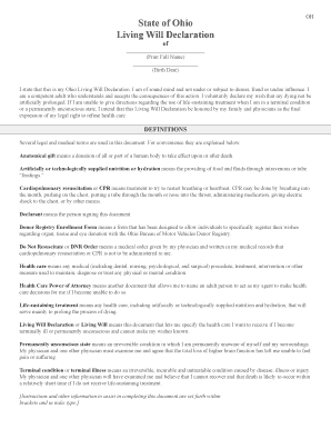 Fillable Online State of Ohio Living Will Declaration - The Cemetery ...