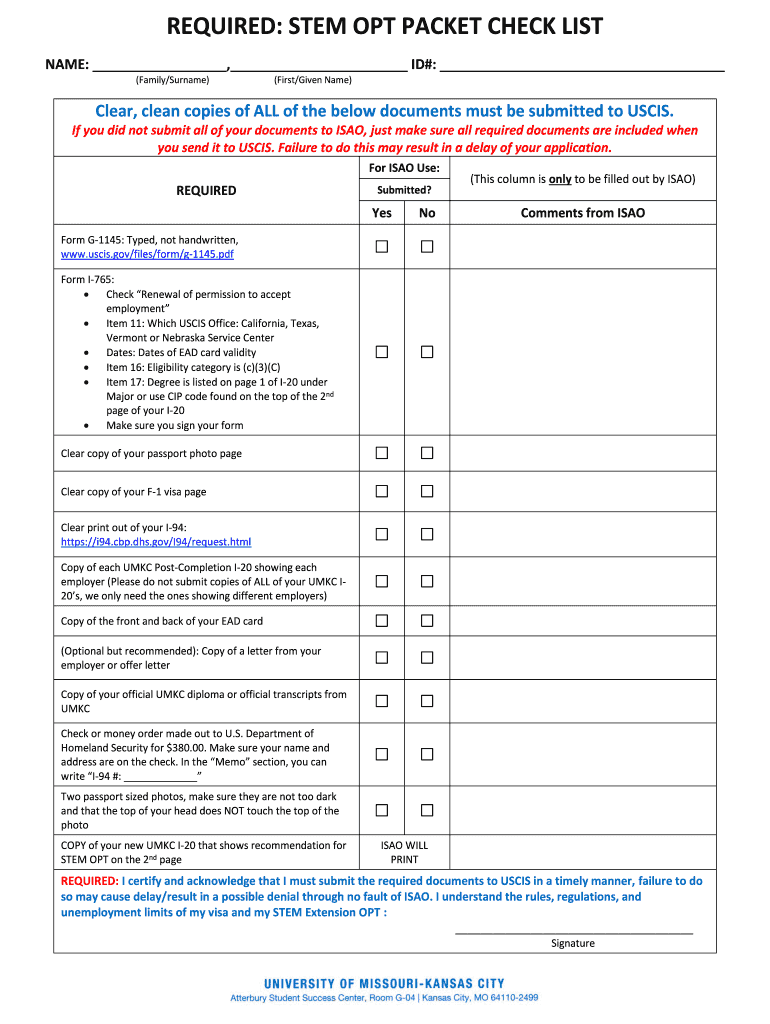 Fillable Online Required stem opt packet check list - UMKC WordPress ...