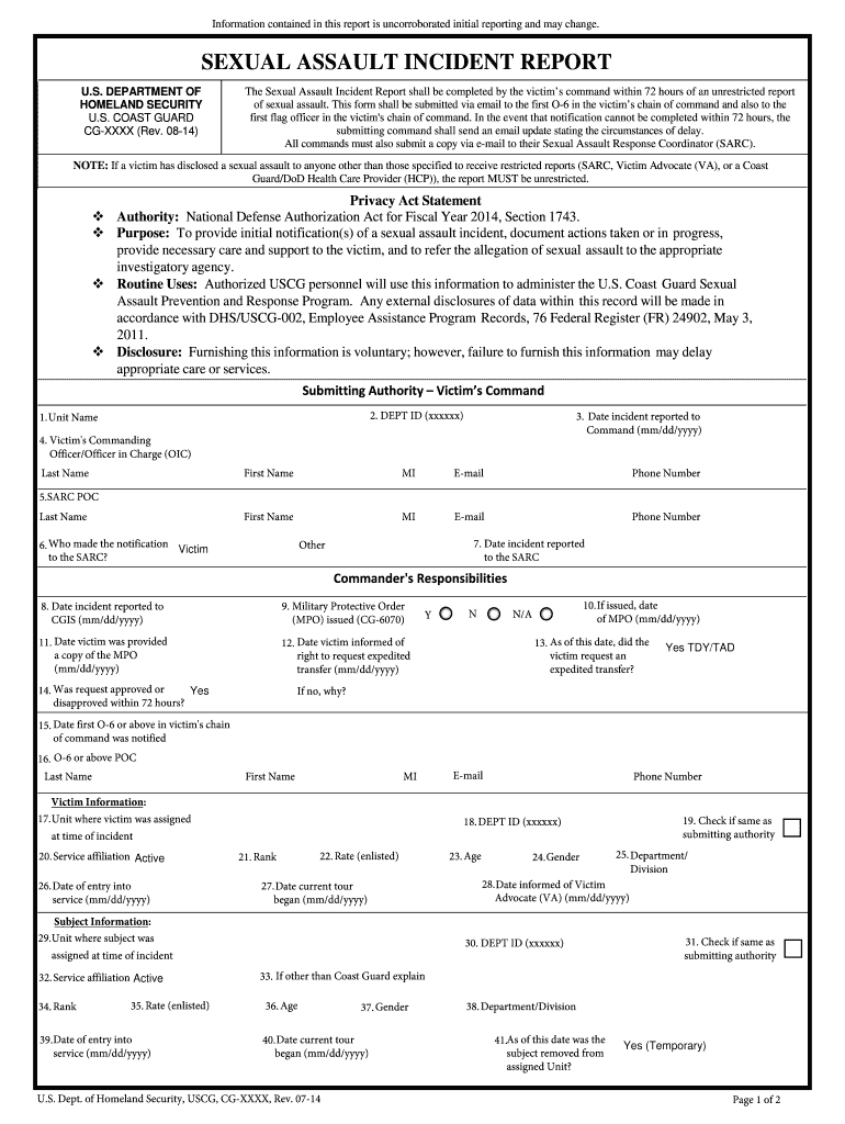 Fillable Online uscg SEXUAL ASSAULT INCIDENT REPORT - USCG Fax Email ...