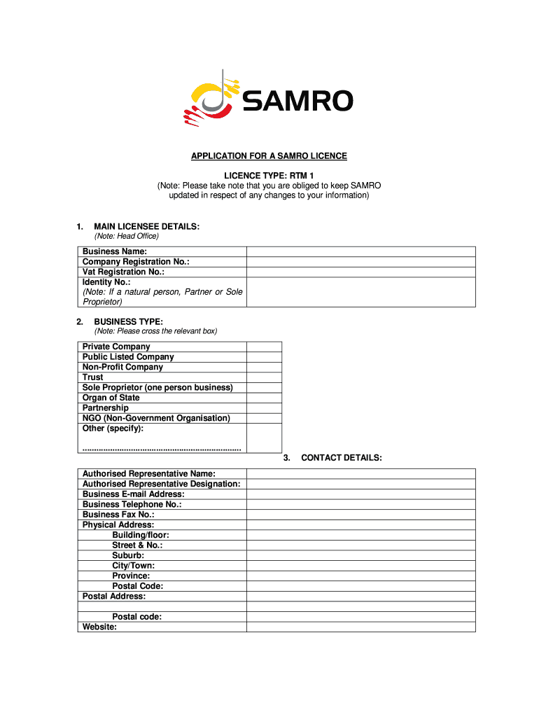 Fillable Online RTM 1 APPLICATION - SAMRO Fax Email Print - pdfFiller