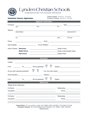 Fillable Online lyncs Lynden Campus Substitute Teacher Application ...