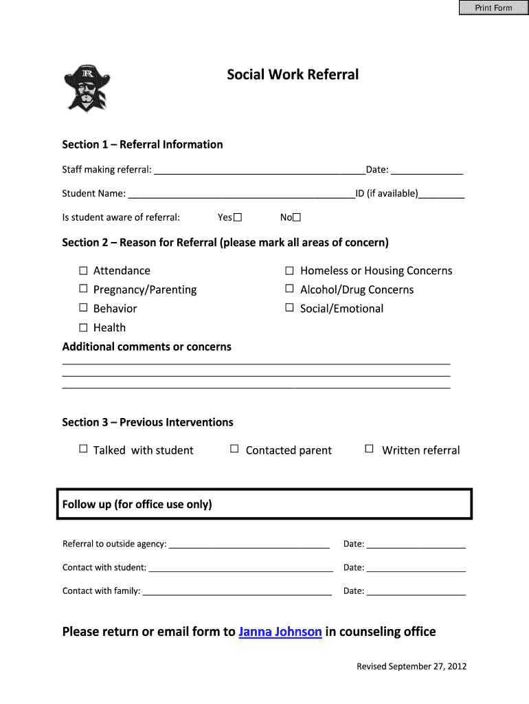 Fillable Online reynolds k12 or Social Work Referral - Home Page Reynolds School District Fax ...