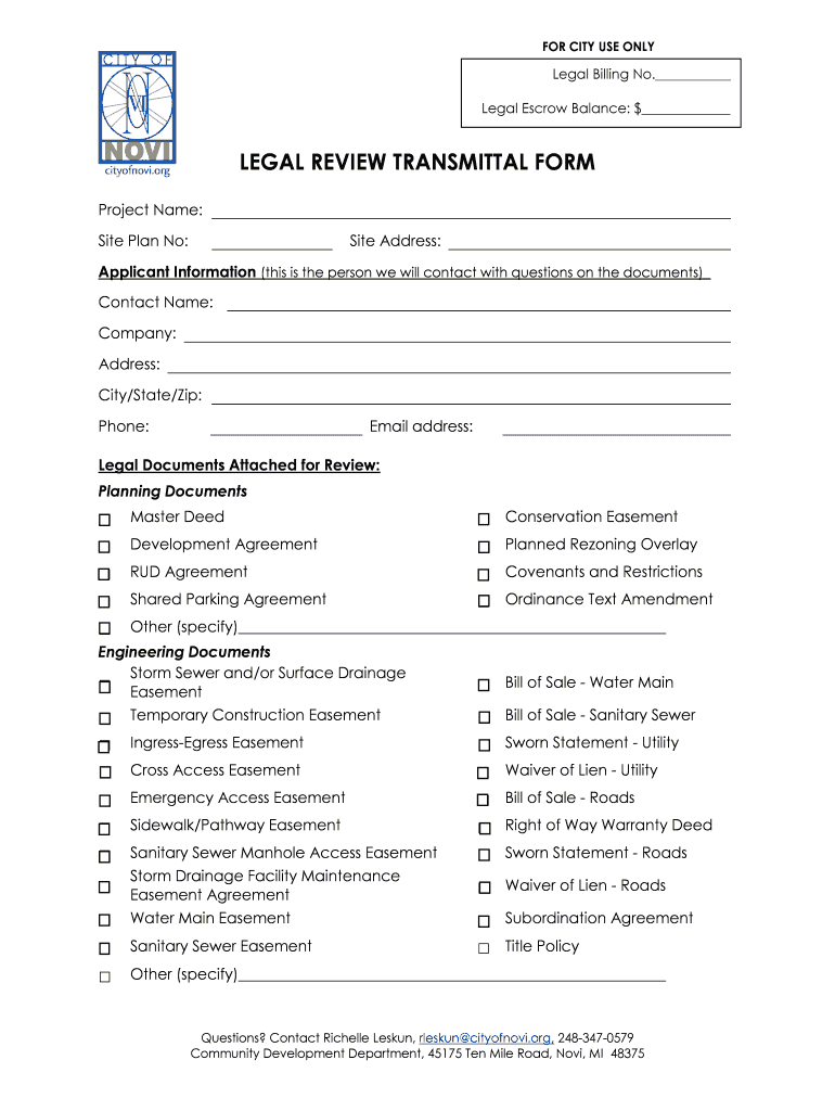 Fillable Online cityofnovi Legal Review Transmittal Form ...