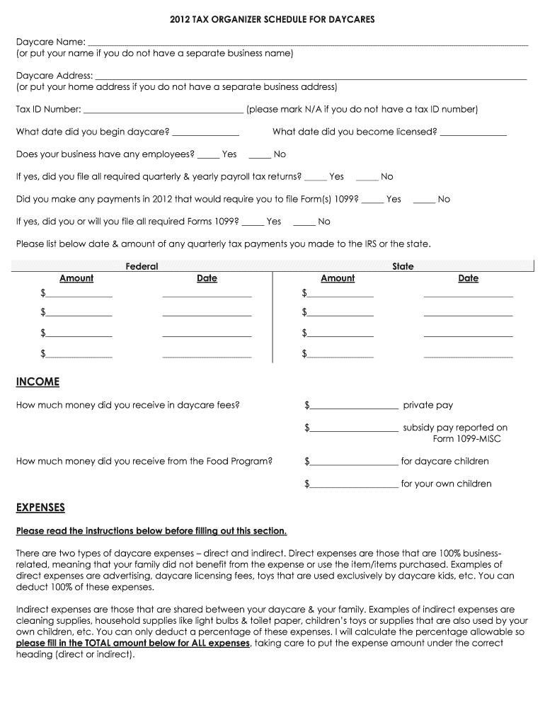 Fillable Online B2012b Tax Organizer add-on for home daycare providers pdf Fax Email Print ...