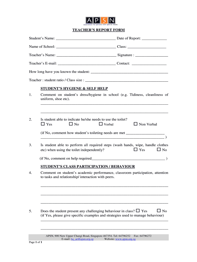 Fillable Online TEACHERS REPORT FORM - apsnorgsg Fax Email Print ...