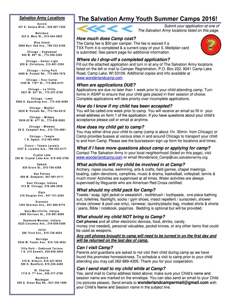 The Salvation Army Youth Summer Camps Application Form - Blank Fillable ...