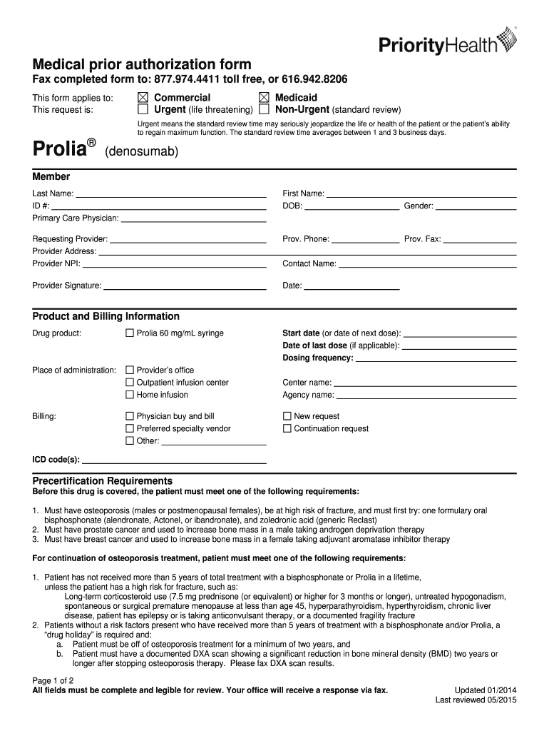 Fillable Online Prolia bPrior Authorization Formb - Priority Health Fax ...