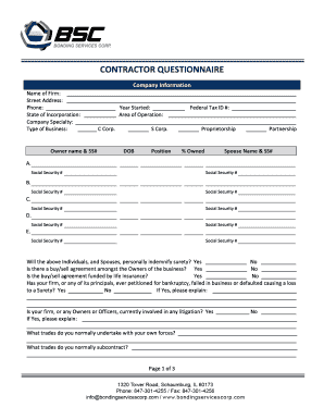 Fillable Online CONTRACTOR QUESTIONNAIRE - bondingservicescorpcom Fax ...