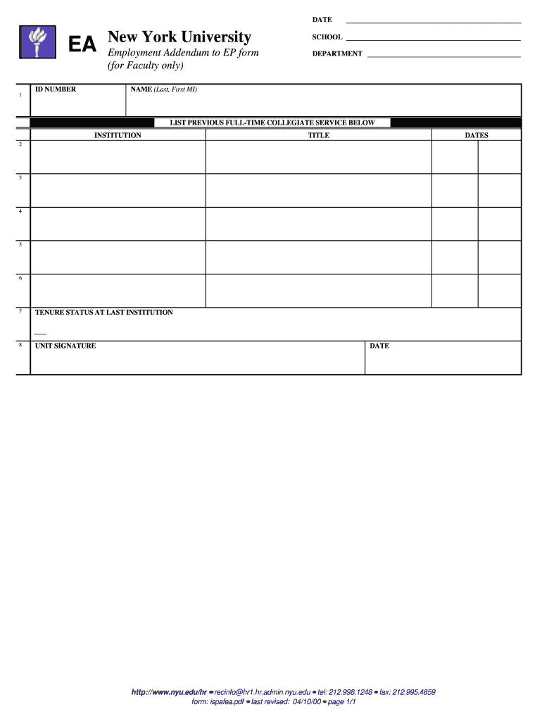 Fillable Online nyu Nyu Employment Addendum to Ep form Fax Email Print ...