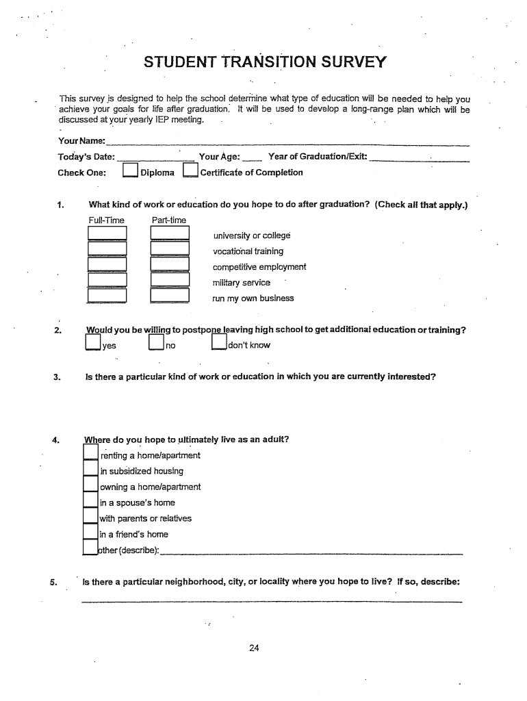 Fillable Online STUDENT TRANSITION SURVEY - Plymouth Community School ...