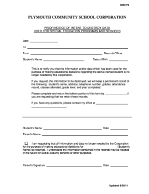 Fillable Online 8330 F8 PLYMOUTH COMMUNITY SCHOOL CORPORATION PRIOR ...