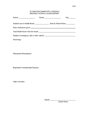 Fillable Online MONTHLY SCHOOL NURSE REPORT School Students seen in ...