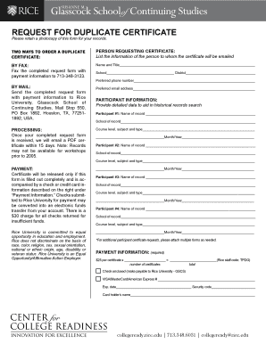 Fillable Online collegeready rice REQUEST FOR DUPLICATE CERTIFICATE ...