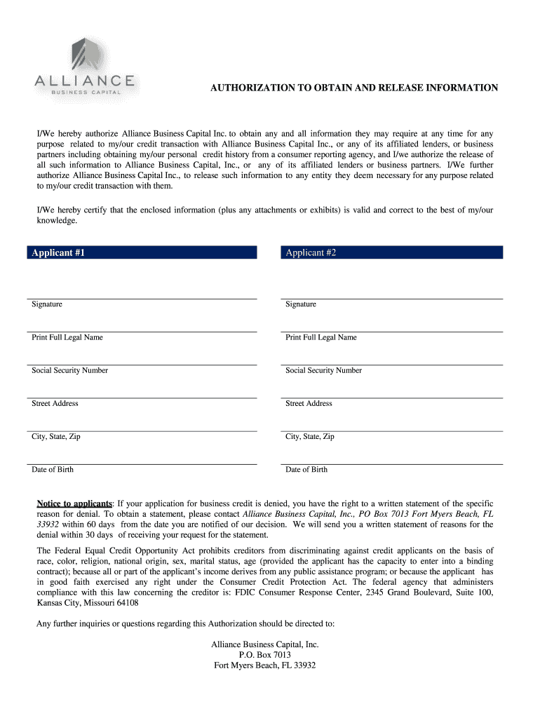 Fillable Online Alliance Business Capital Authorization. Authorization ...