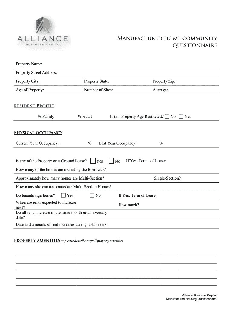 Fillable Online Manufactured home community questionnaire Fax Email ...