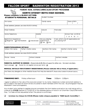 Fillable Online nsbhs nsw edu FALCON SPORT BADMINTON REGISTRATION 2013 ...