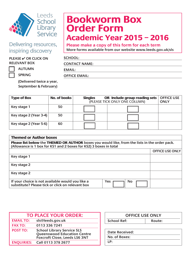 Fillable Online leeds gov Bookworm Box Order Form - Leeds Fax Email ...