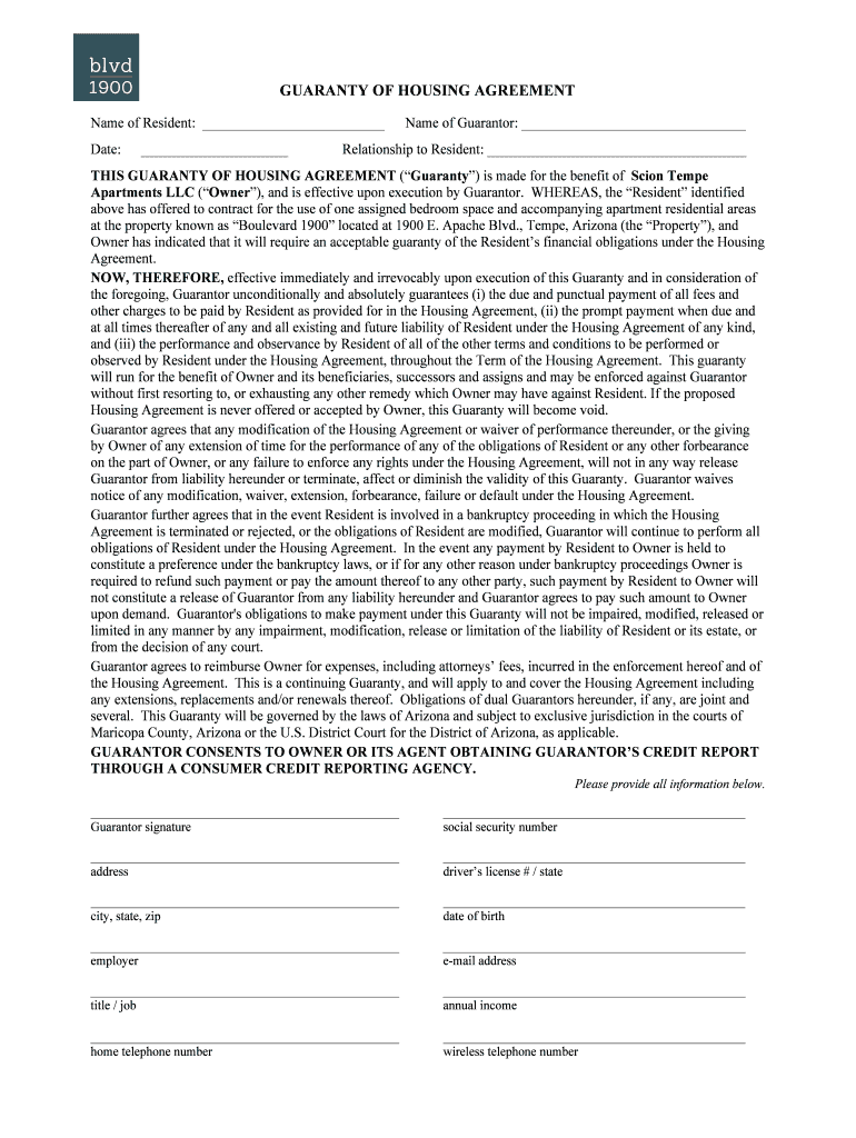 Fillable Online Boulevard 1900 Guaranty of Housing Agreement Fax Email ...