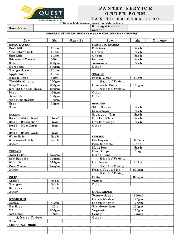Fillable Online Pantry Service Order Form Fax Email Print - pdfFiller