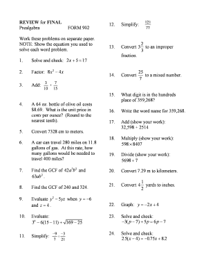 Fillable Online REVIEW FINAL 121 Prealgebra FORM 902 Fax Email Print ...