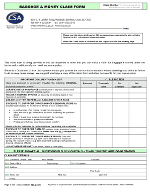 Fillable Online BAGGAGE MONEY CLAIM FORM Claim Number A claim number ...