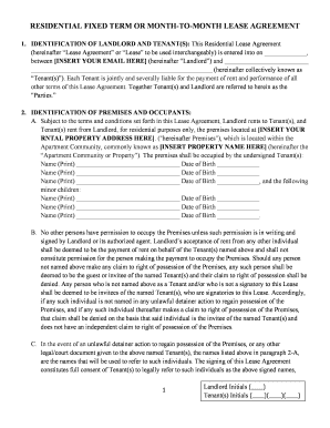 Fillable Online Residential Fixed Term Or Month-To-Month Lease ...