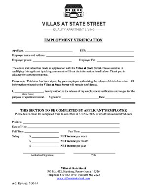 Fillable Online EMPLOYMENT VERIFICATION Applicant: SSN: Employer name ...