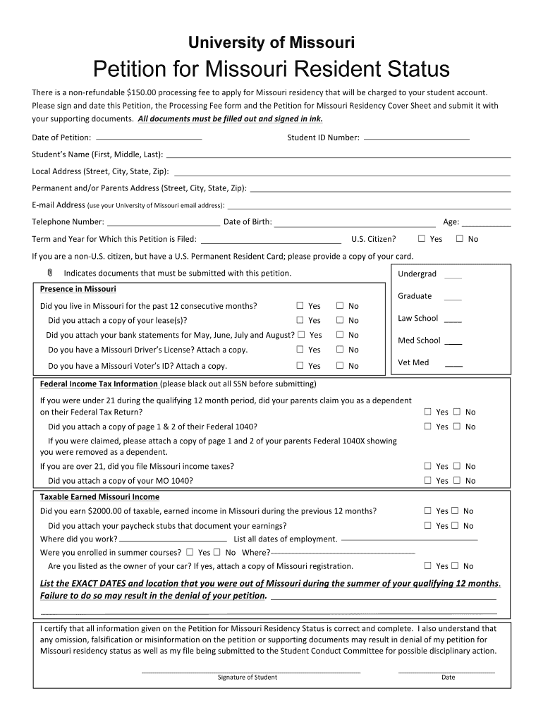 Fillable Online registrar missouri University of Missouri Petition for Missouri Resident Status ...