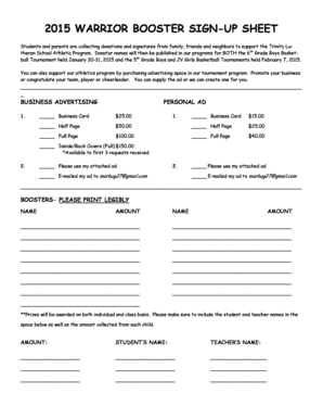 Fillable Online trinitylutheranlcms 2015 WARRIOR BOOSTER SIGN-UP SHEET ...