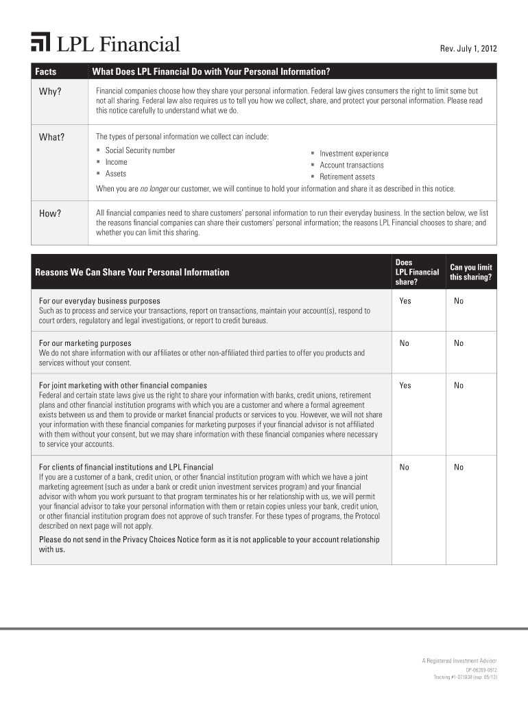 Fillable Online Facts What Does LPL Financial Do with Your Personal Fax ...
