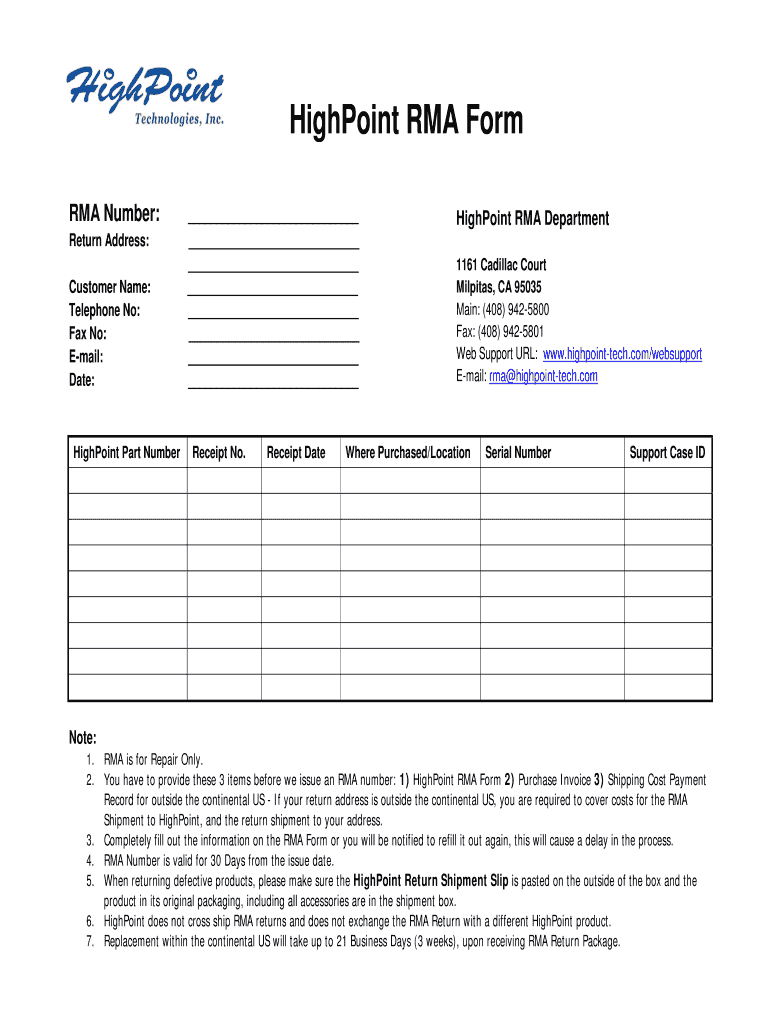 Fillable Online HighPoint RMA Form Fax Email Print - pdfFiller
