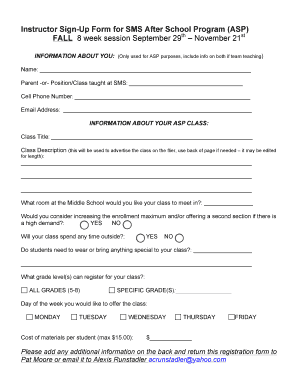 Fillable Online Instructor Sign-Up Form for SMS After School Program ...