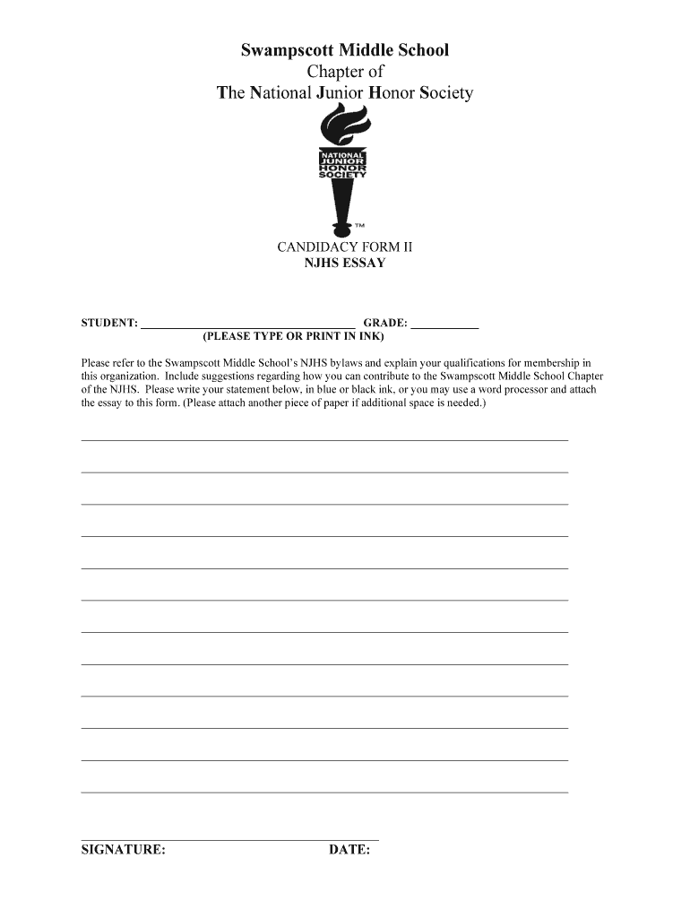 Fillable Online SMS NJHS Essay Form II Fax Email Print - pdfFiller