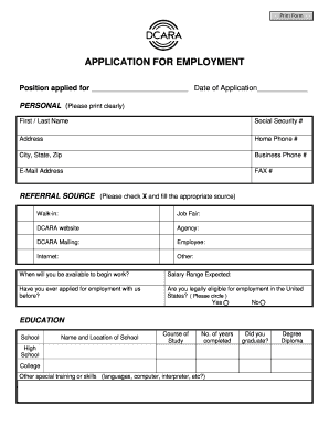 Fillable Online dcara APPLICATION FOR EMPLOYMENT - dcaraorg Fax Email ...