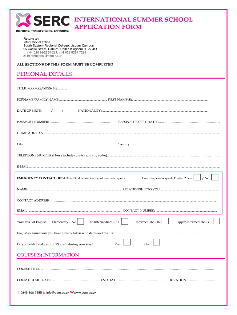 Fillable Online INTERNATIONAL SUMMER SCHOOL APPLICATION FORM Fax Email ...