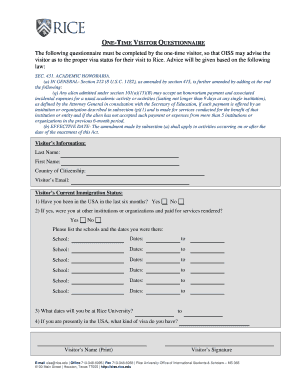 Fillable Online oiss rice ONE-TIME VISITOR QUESTIONNAIRE - Rice ...