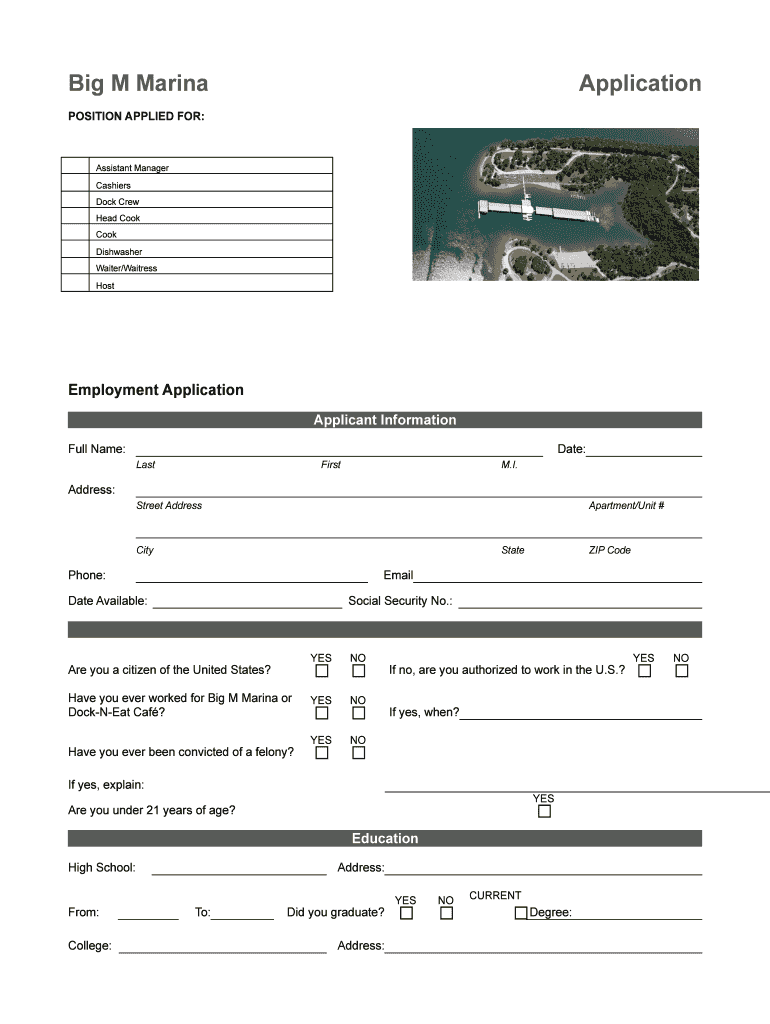 Fillable Online BEmployment applicationb - Big M Marina Fax Email Print ...