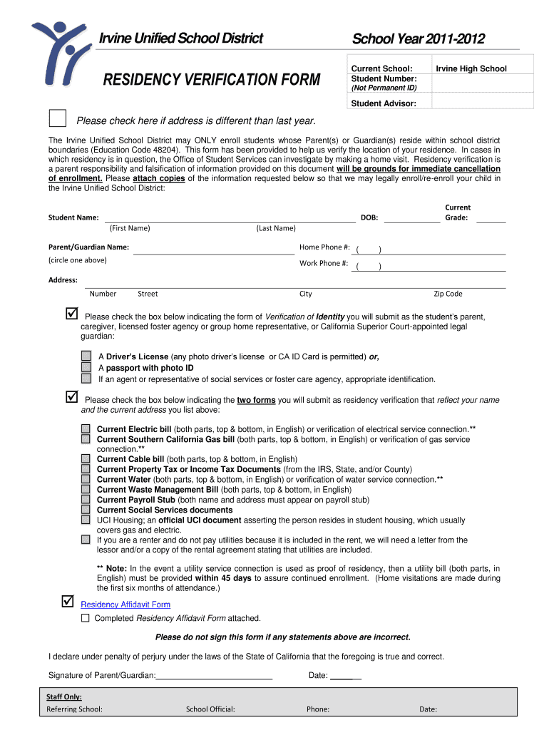 Fillable Online RESIDENCY VERIFICATION FORM - Irvine High School Fax ...