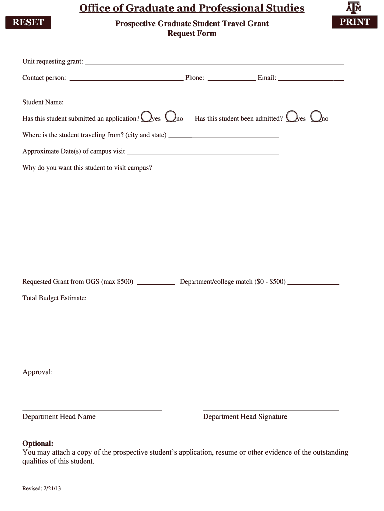 Fillable Online ogaps tamu Prospective Graduate Student Travel Grant Fax Email Print - pdfFiller